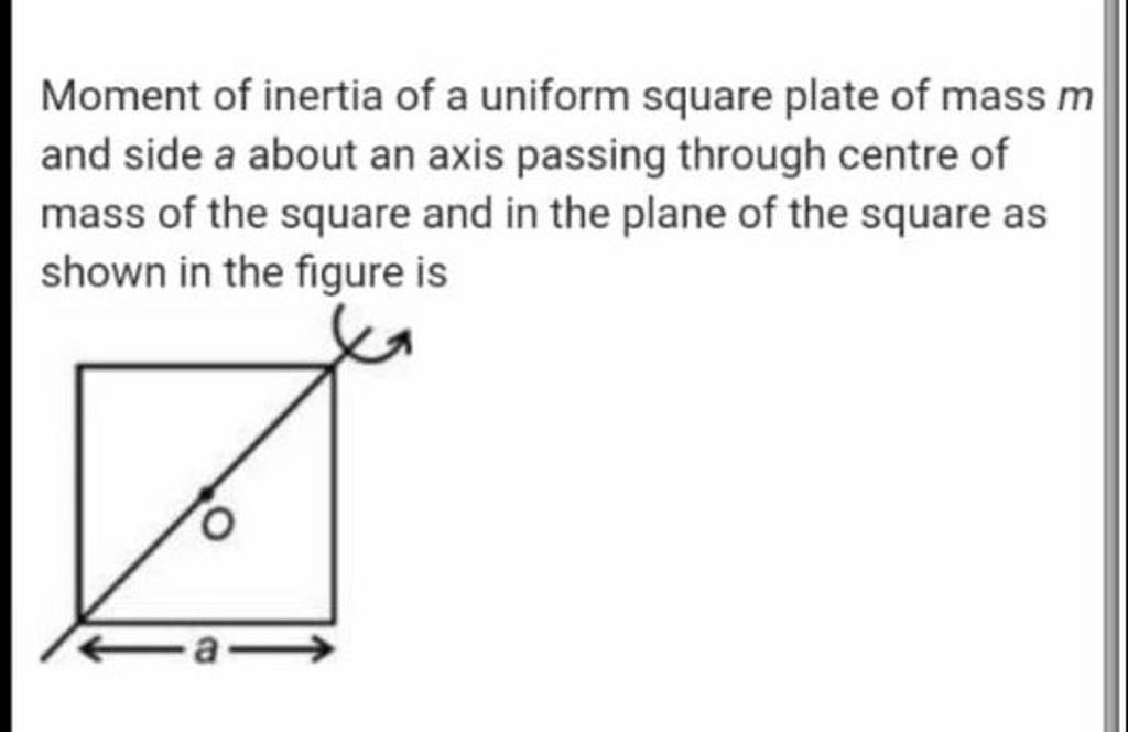 Moment of inertia of a uniform square plate of mass m and side a about an..