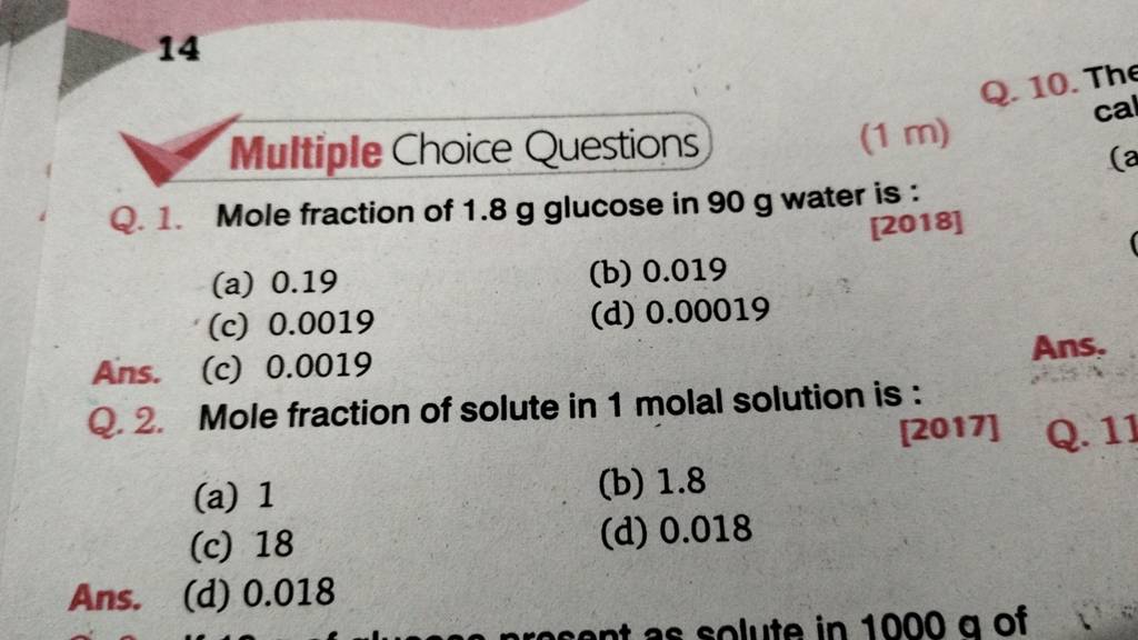 Q. 2. Mole fraction of solute in 1 molal solution is : | Filo