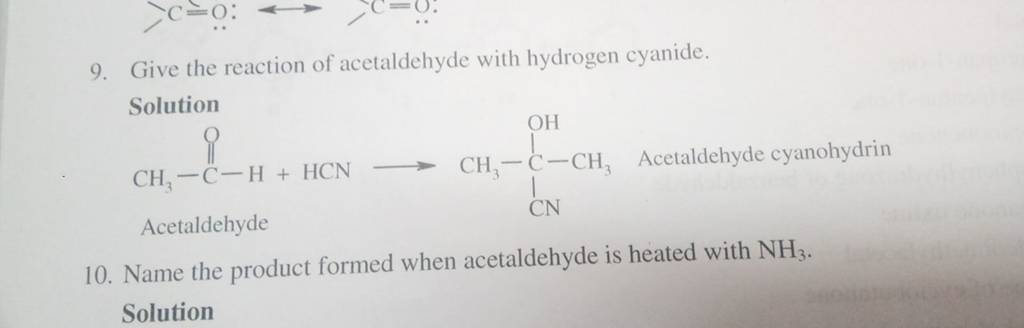 9. Give the reaction of acetaldehyde with hydrogen cyanide. | Filo