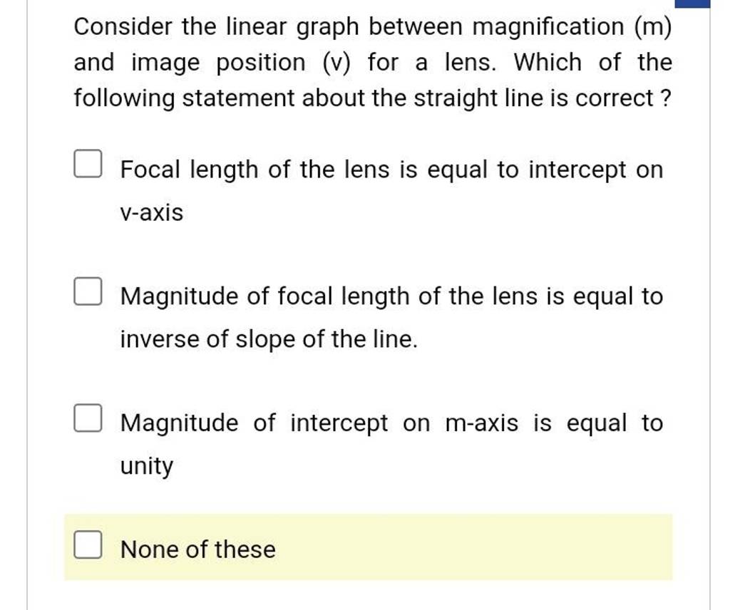 Consider the linear graph between magnification (m) and image position (v..