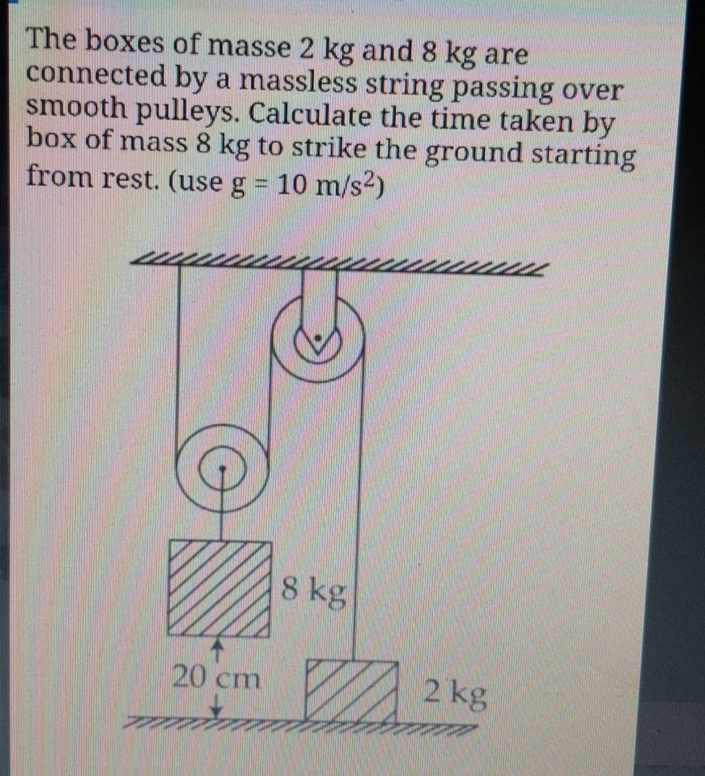 The boxes of masse 2 kg and 8 kg are connected by a massless string passi..