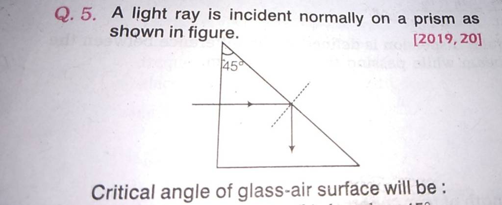 Q. 5. A light ray is incident normally on a prism as shown in figure. Cri..
