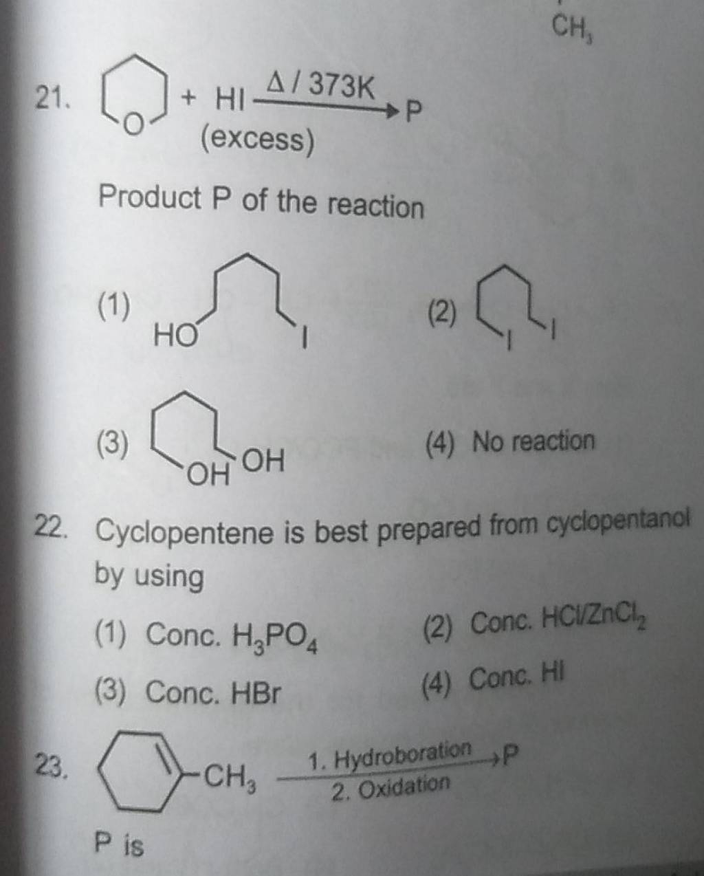 Cyclopentene is best prepared from cyclopentanol by using | Filo