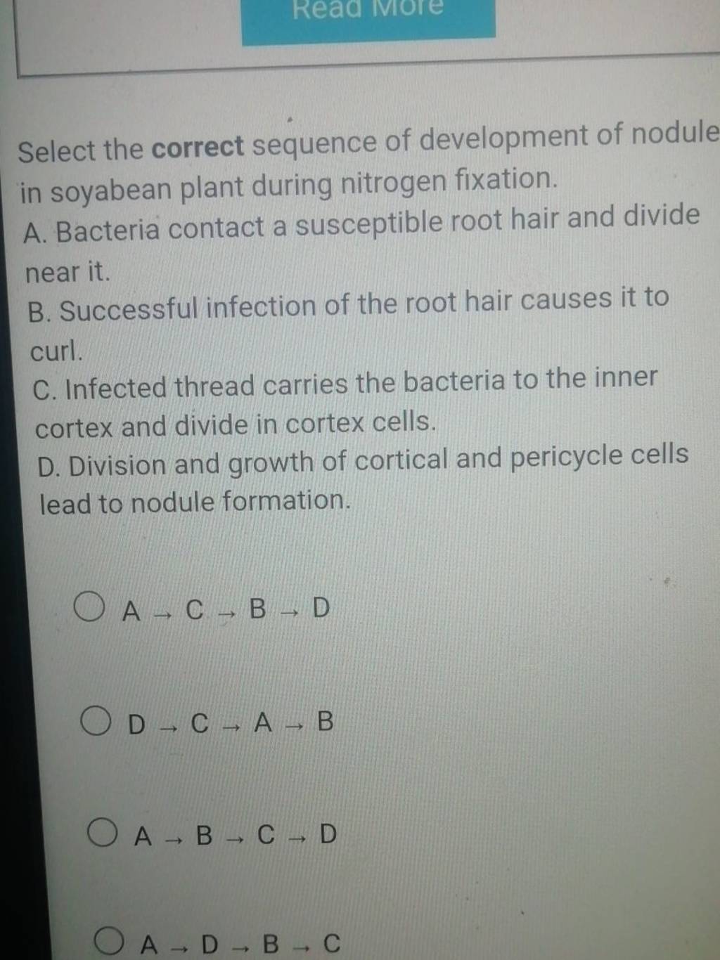 Select the correct sequence of development of nodule in soyabean plant du..