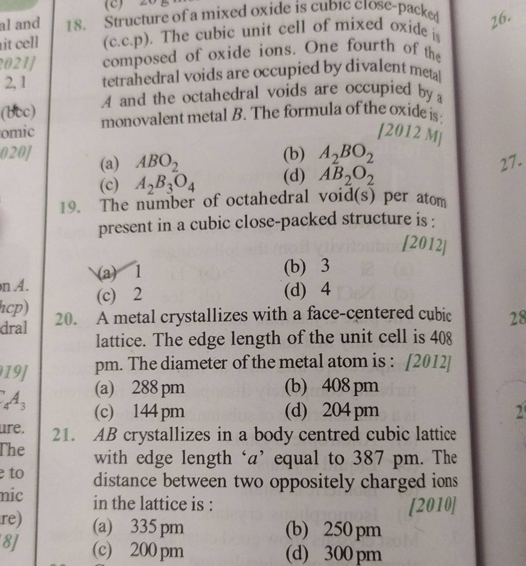 A Metal Crystallizes With A Face Centered Cubic Lattice The Edge Length