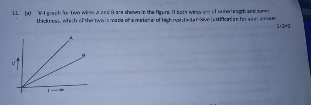 11. (a) V-I graph for two wires A and B are shown in the figure. If both