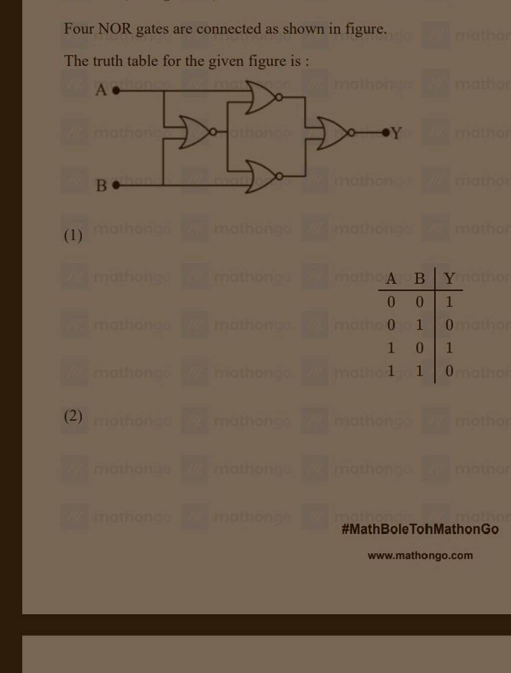 Four NOR gates are connected as shown in figure. The truth table for the