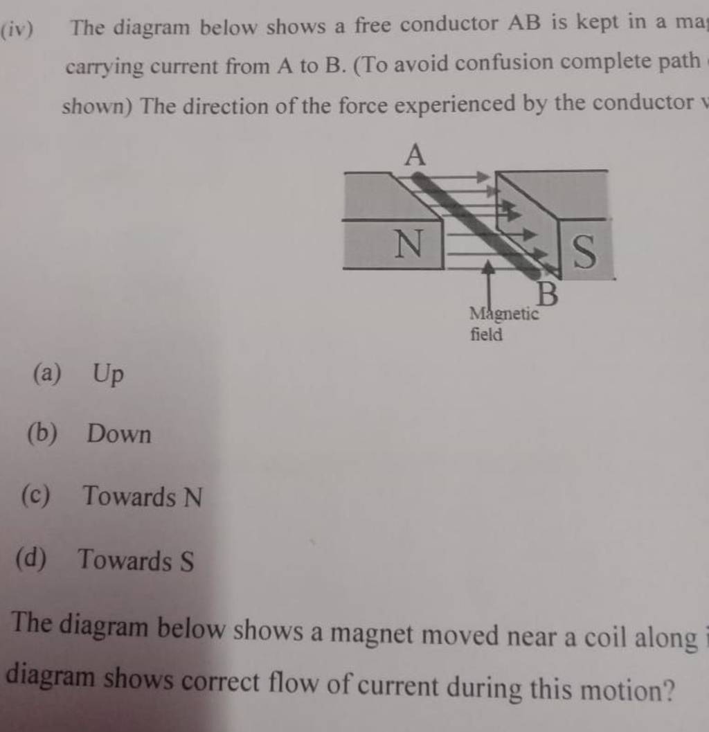 The diagram below shows a free conductor AB is kept in a may carrying cu..