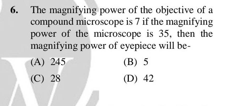 The magnifying power of the objective of a compound microscope is 7 if th..