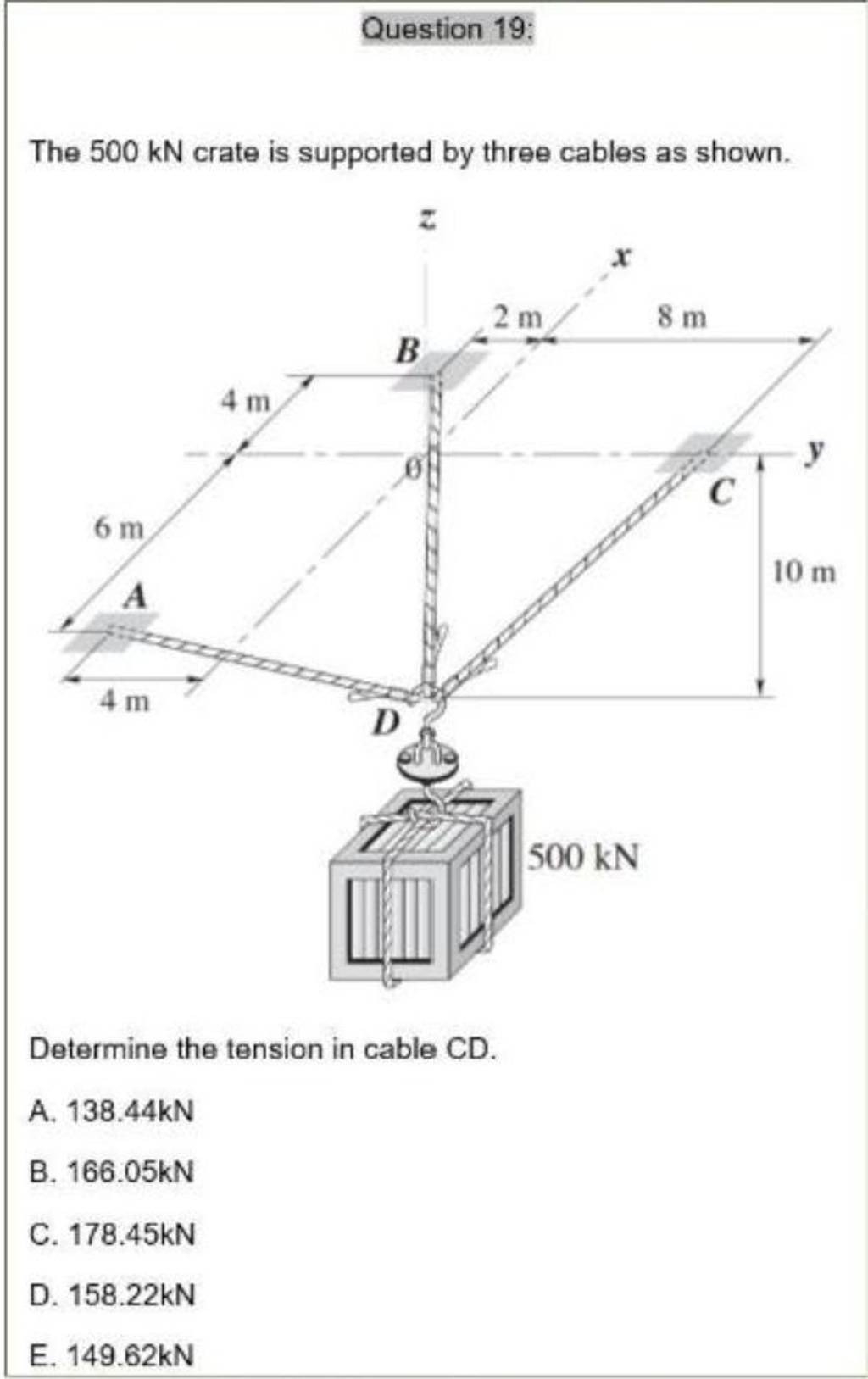 Question 19: The 500kN crate is supported by three cables as shown. Deter..