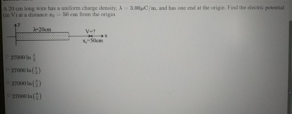 A 20 cm long wire has a uniform charge density, λ=3.00μC/m, and has one e..