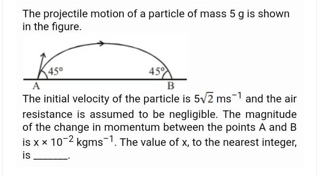 The projectile motion of a particle of mass 5 g is shown in the figure. T..