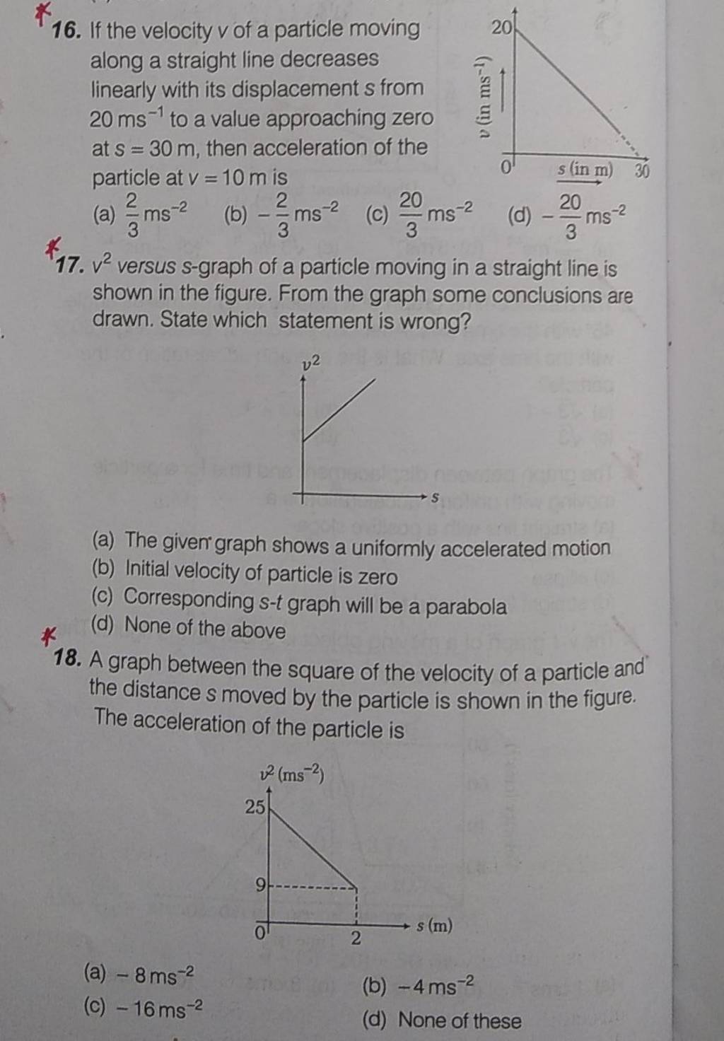 v2 versus s-graph of a particle moving in a straight line is shown in the..