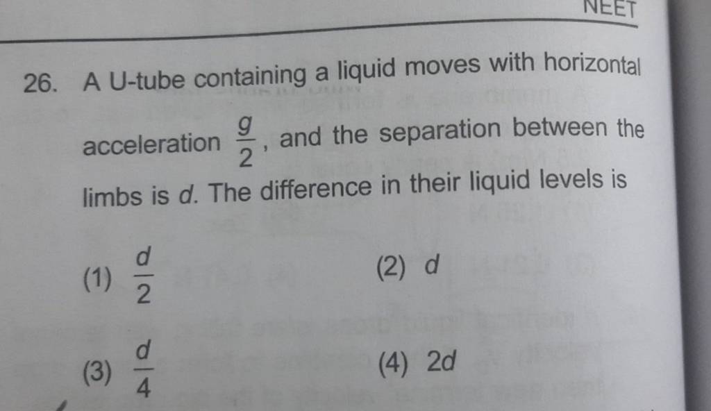 A U-tube containing a liquid moves with horizontal acceleration 2g , and