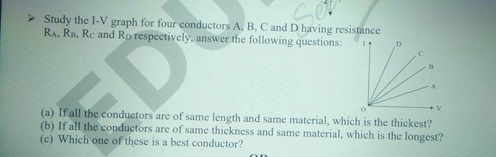 Study the I-V graph for four conductors A,B,C and D having resistance RA