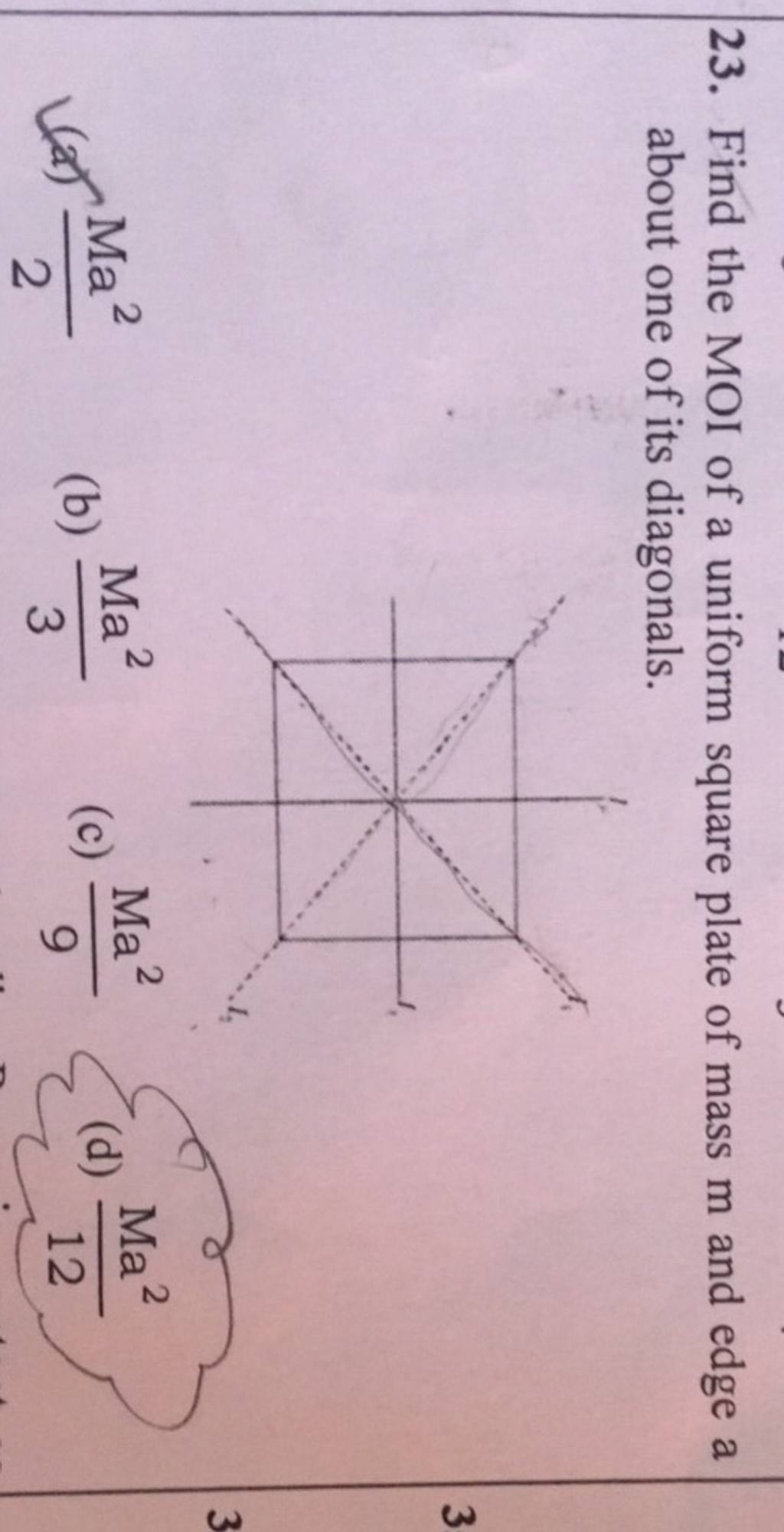 23. Find the MOI of a uniform square plate of mass m and edge a about one..