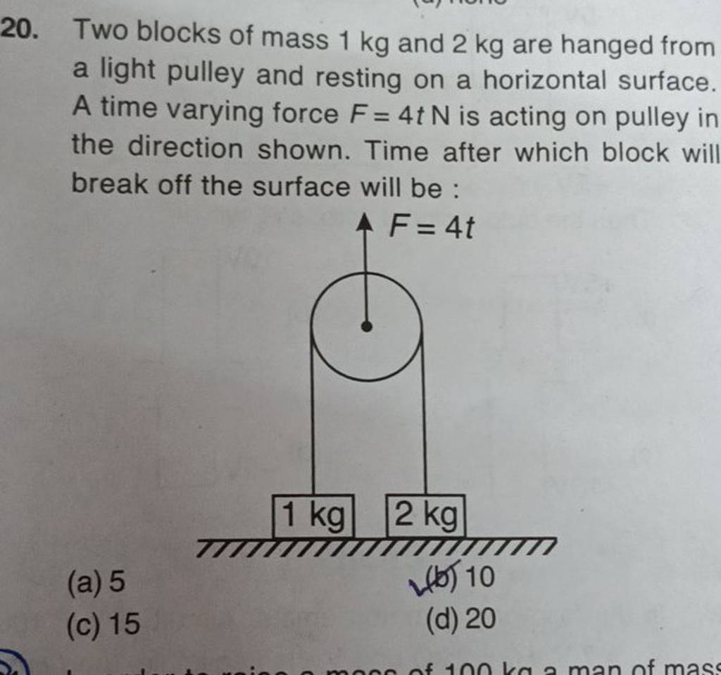 20. Two blocks of mass 1 kg and 2 kg are hanged from a light pulley and r..