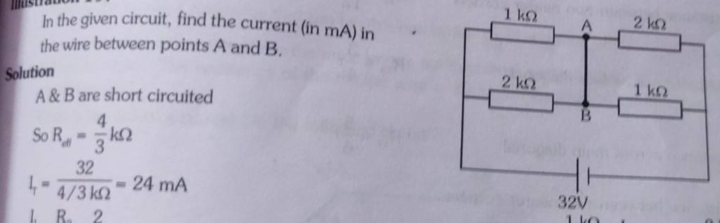 In the given circuit, find the current (in mA ) in the wire between point..