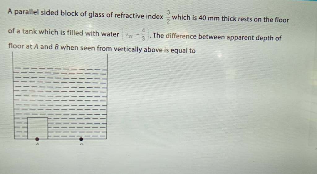 A parallel sided block of glass of refractive index 23 which is 40 mm th..