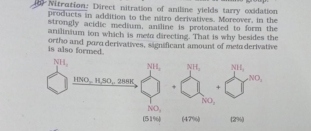 (b) Nitration: Direct nitration of aniline yields tarry oxidation product..