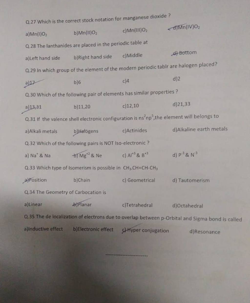 Q 31 If The Valence Shell Electronic Configuration Is Ns2np5 The Element