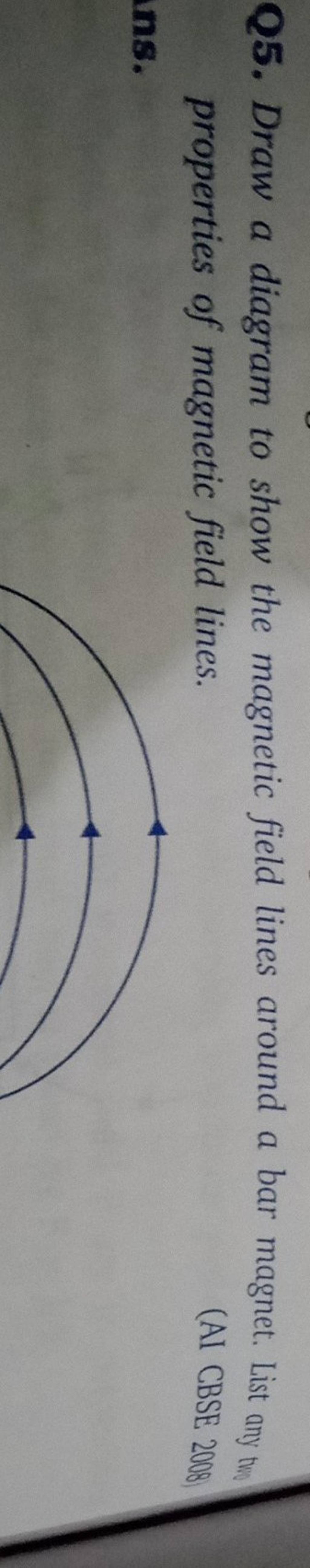 Q5. Draw a diagram to show the magnetic field lines around a bar magnet.