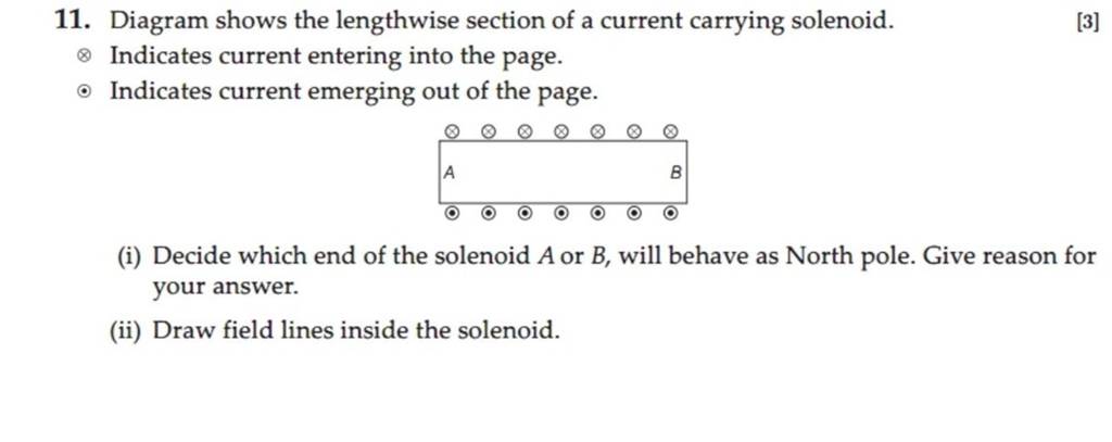 11. Diagram shows the lengthwise section of a current carrying solenoid. 11. Diagram shows the lengthwise section of a current carrying solenoid.