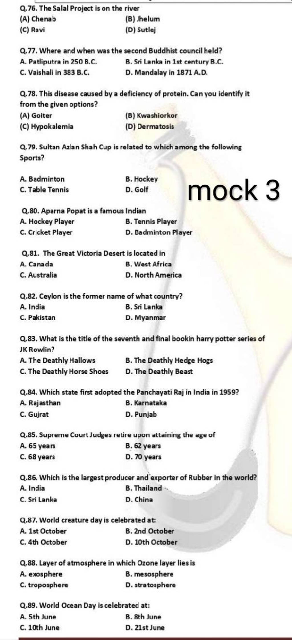 Q.87. World creature day is celebrated at: | Filo