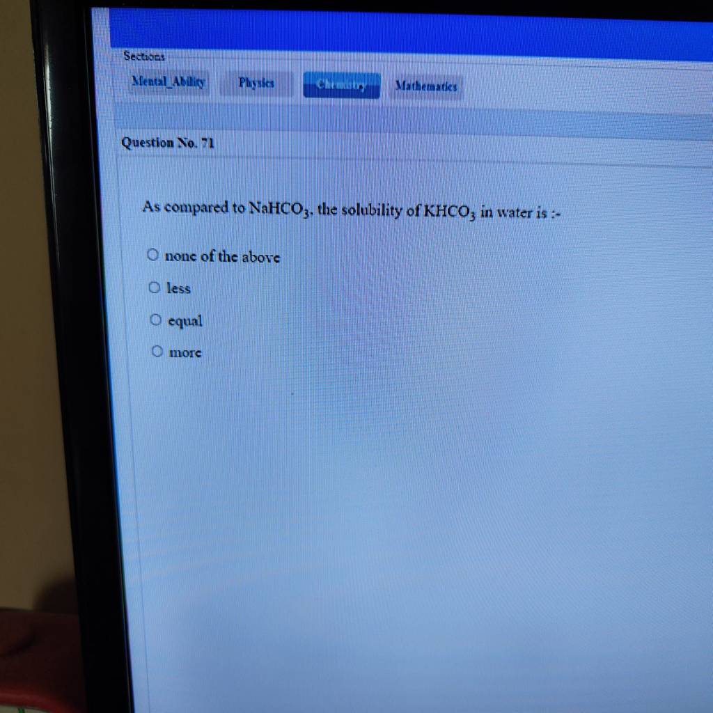 As compared to NaHCO3 , the solubility of KHCO3 in water is :- | Filo