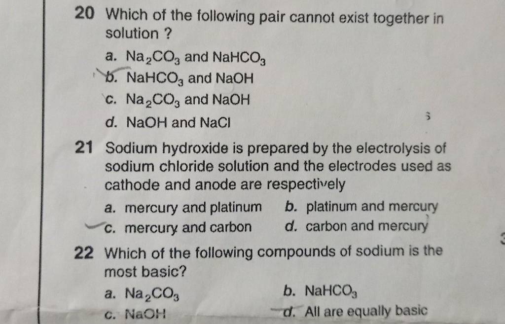 21 Sodium hydroxide is prepared by the electrolysis of sodium chloride so..