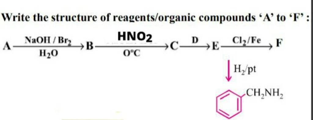 Write the structure of reagents/organic compounds ' A ' to ' F ': | Filo