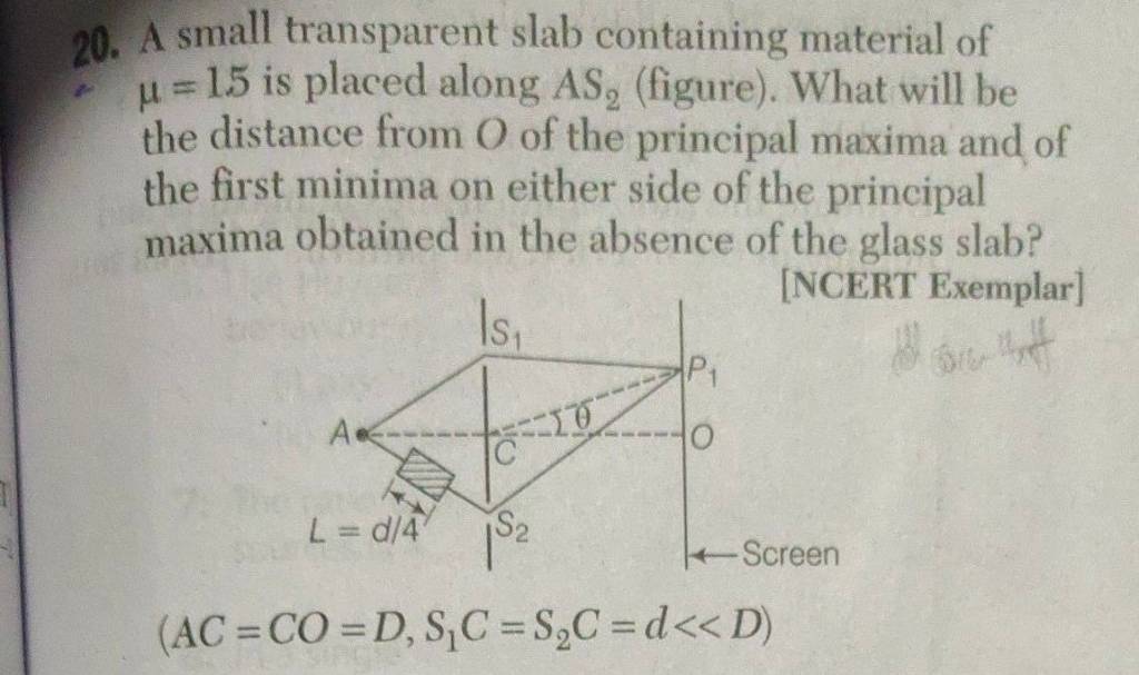 20. A small transparent slab containing material of μ=15 is placed along
