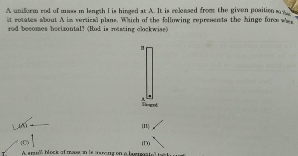 A uniform rod of mass m length l is hinged at A. It is released from the