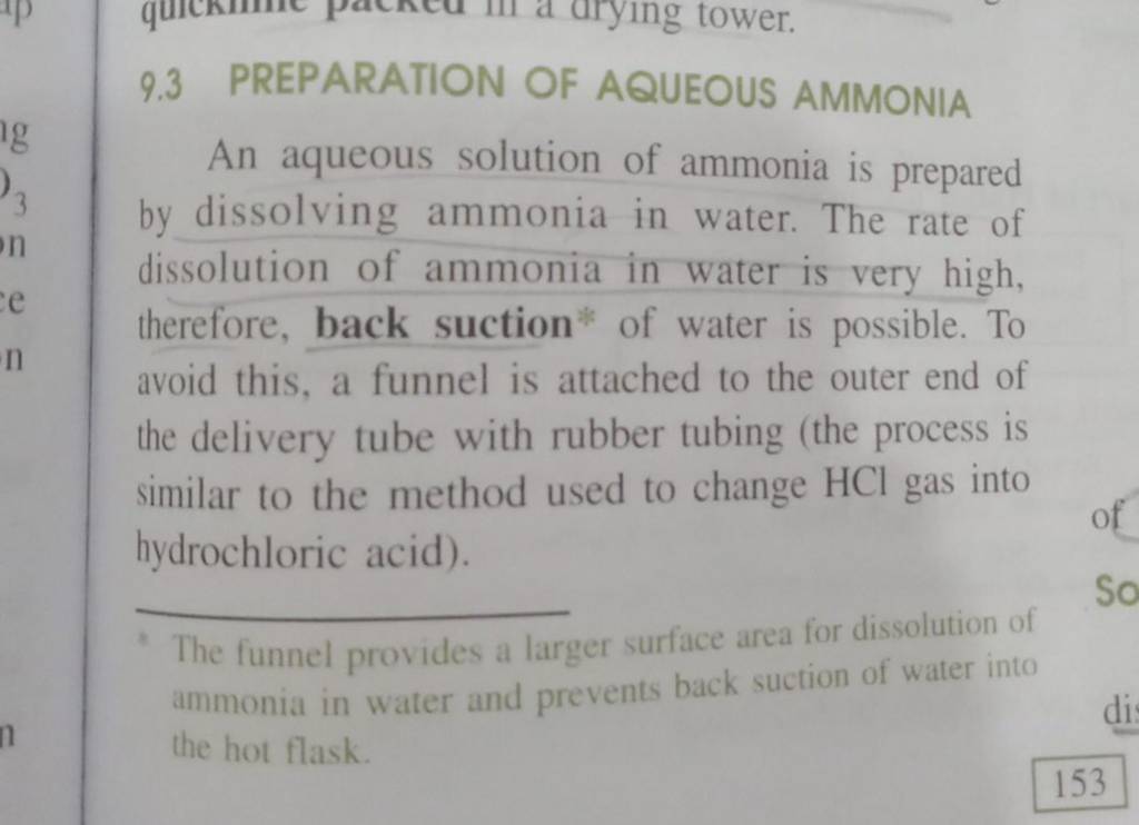9.3 PREPARATION OF AQUEOUS AMMONIA An aqueous solution of ammonia is prep..
