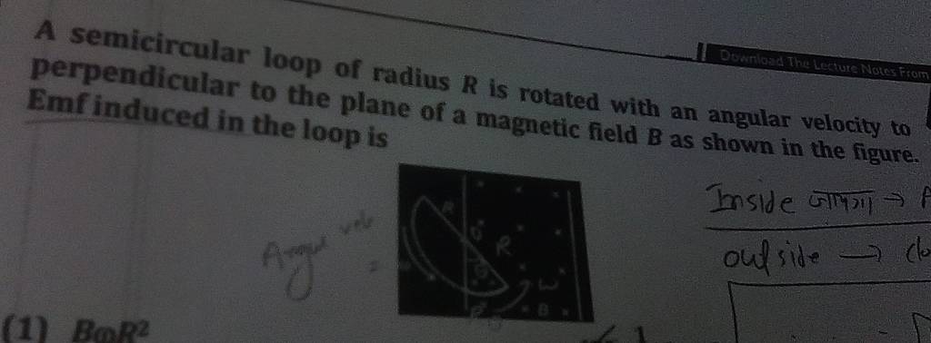 A semicircular loop of radius R is rotated with an angular velocity to pe..