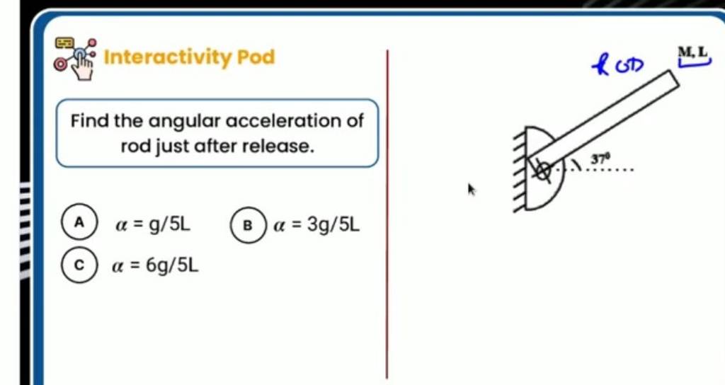 Find the angular acceleration of rod just after release. (A) α=g/5L (B) α..