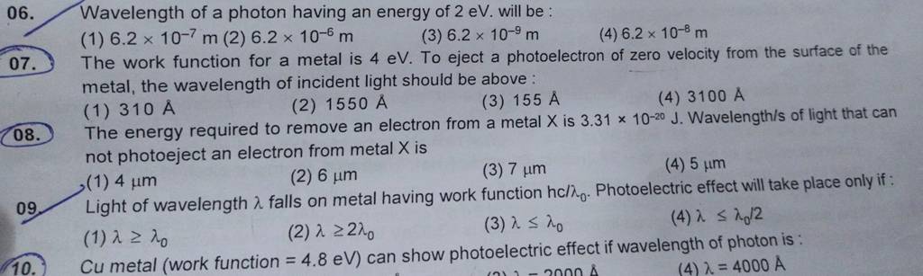 Cu metal (work function =4.8eV ) can show photoelectric effect if wavelen..