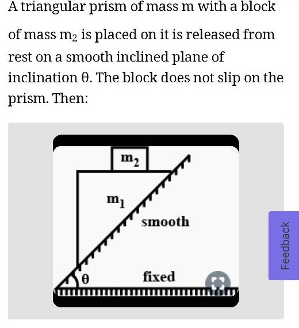 A triangular prism of mass m with a block of mass m2 is placed on it is