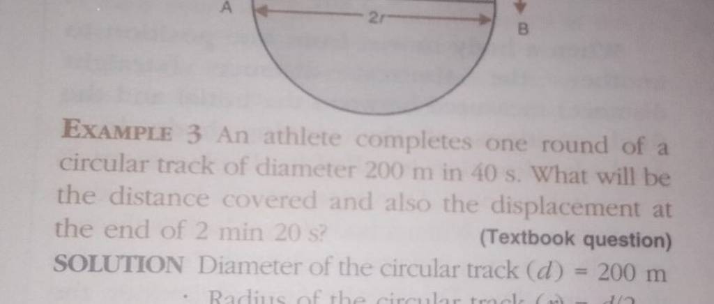 Example 3 An athlete completes one round of a circular track of diameter