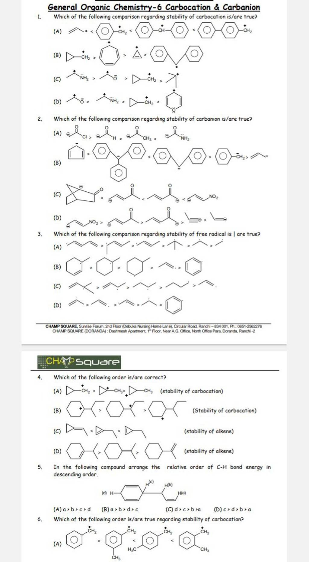 General Organic Chemistry-6 Carbocation \& Carbanion 1. Which of the foll..
