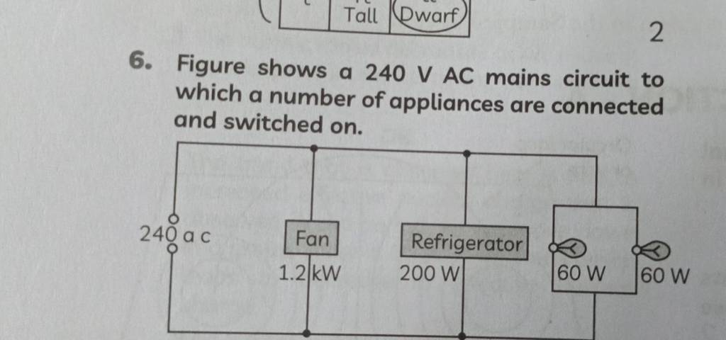 6. Figure shows a 240 V AC mains circuit to which a number of appliances