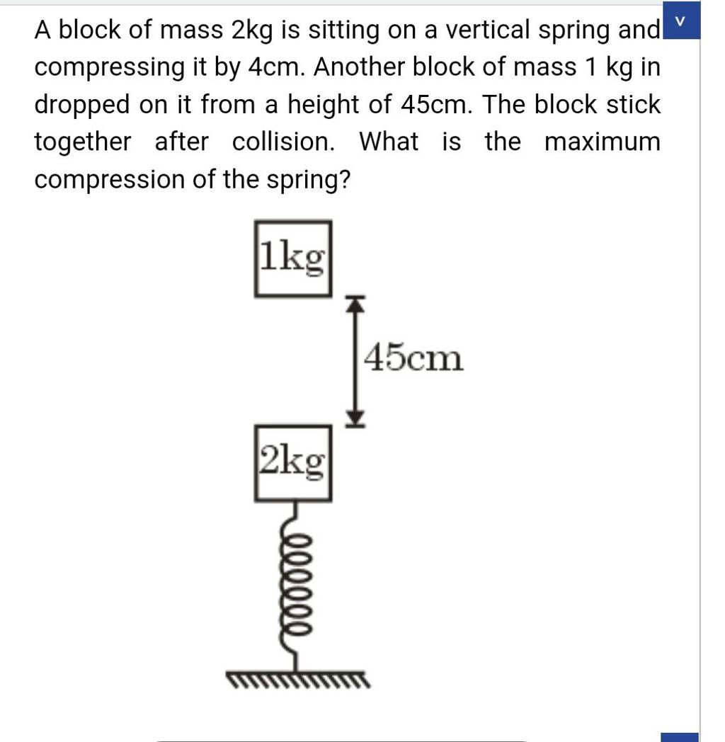 A block of mass 2 kg is sitting on a vertical spring and compressing it b..