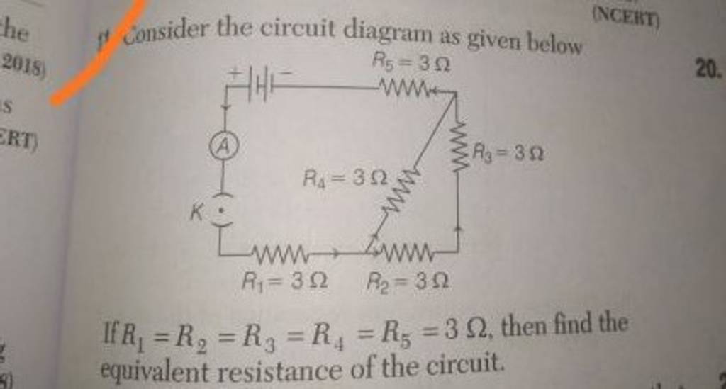 If R1 =R2 =R3 =R4 =R5 =3Ω, then find the equivalent resistance of the cir..