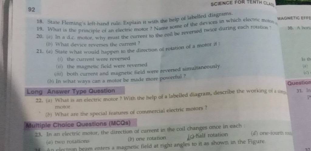92 18. State Fleming's left-hand rule. Explain it with the help of labell..