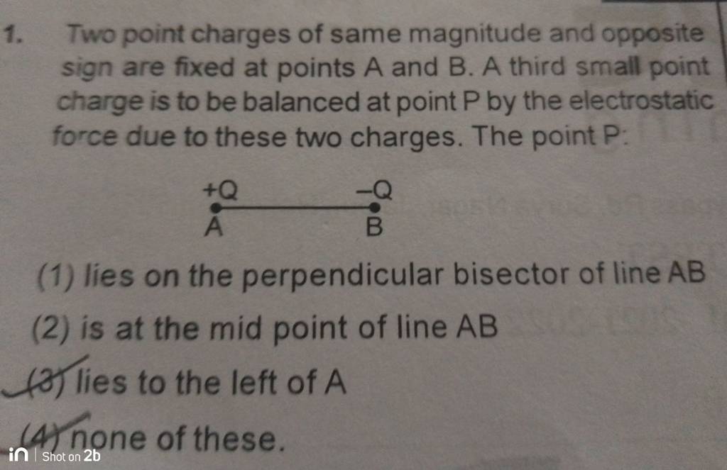 Two point charges of same magnitude and opposite sign are fixed at points..