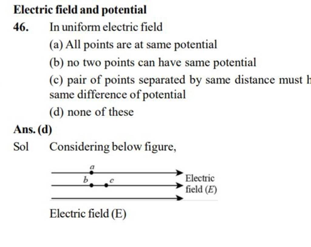 Electric field and potential 46. In uniform electric field | Filo