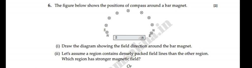 6. The figure below shows the positions of compass around a bar magnet...