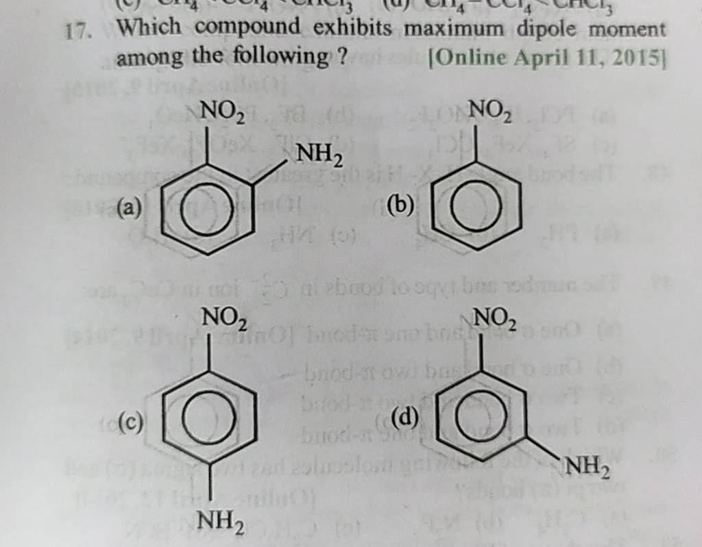 Which compound exhibits maximum dipole moment among the following ? [Onli..