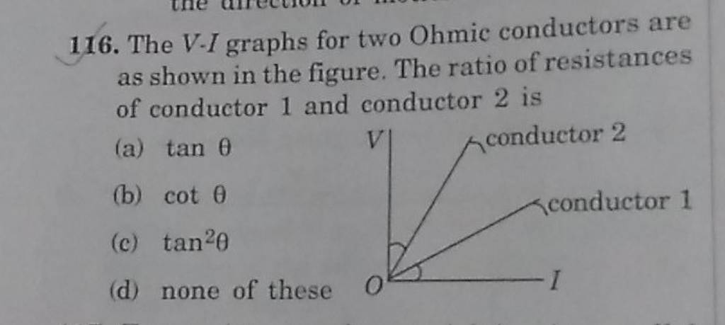 The V−I graphs for two Ohmic conductors are as shown in the figure. The r..