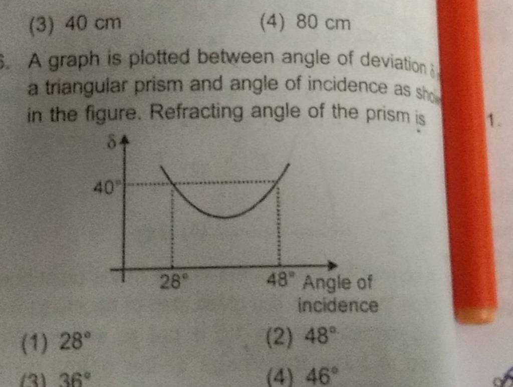 A graph is plotted between angle of deviation ; a triangular prism and an..